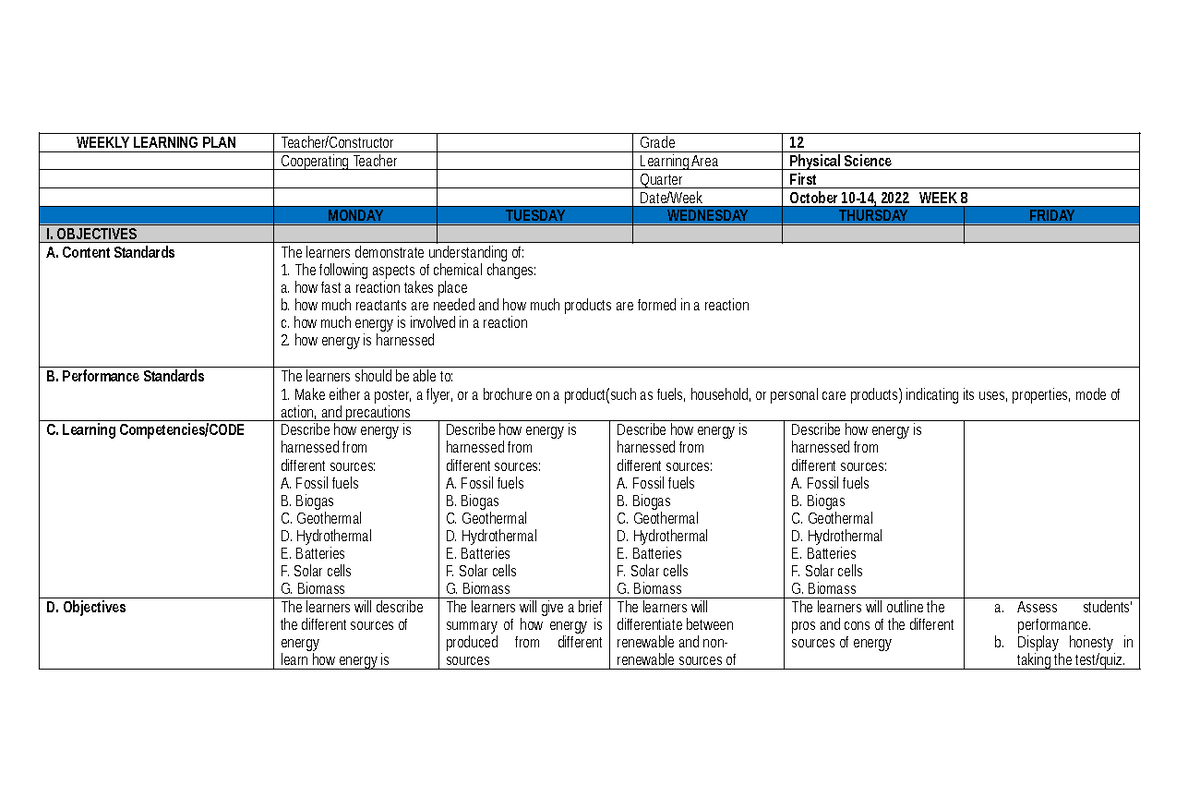 Physical Science DLP Q1W7 - WEEKLY LEARNING PLAN Teacher/Constructor ...