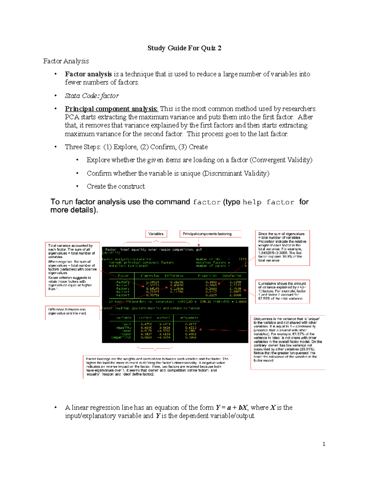 Study Guide For Quiz 2 - Stata Code: factor Principal component ...