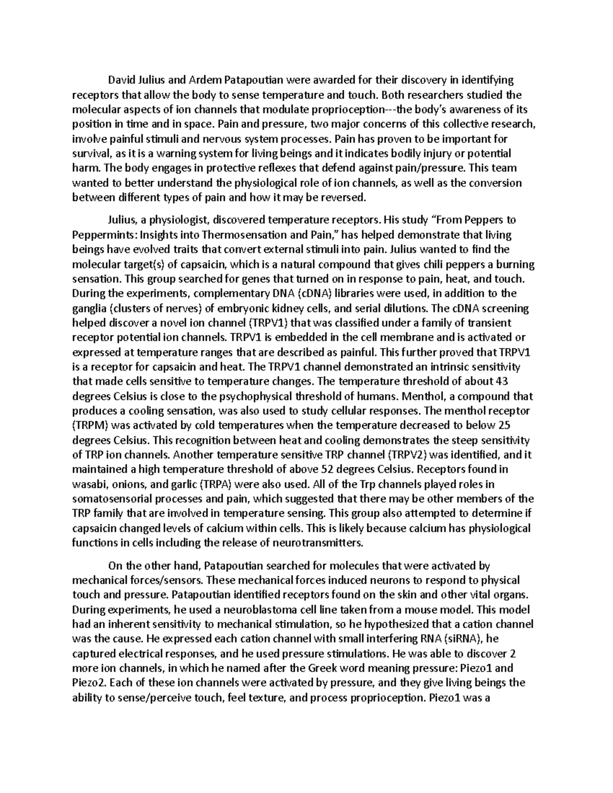 Seminar #3 Critique - Julius and Patapoutian - David Julius and Ardem ...