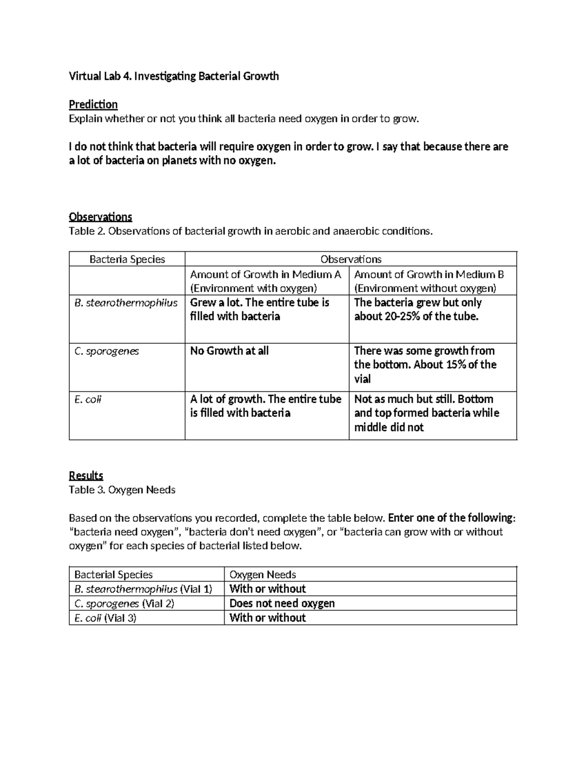 Lab report for virtual lab 4 - Virtual Lab 4. Investigating Bacterial ...
