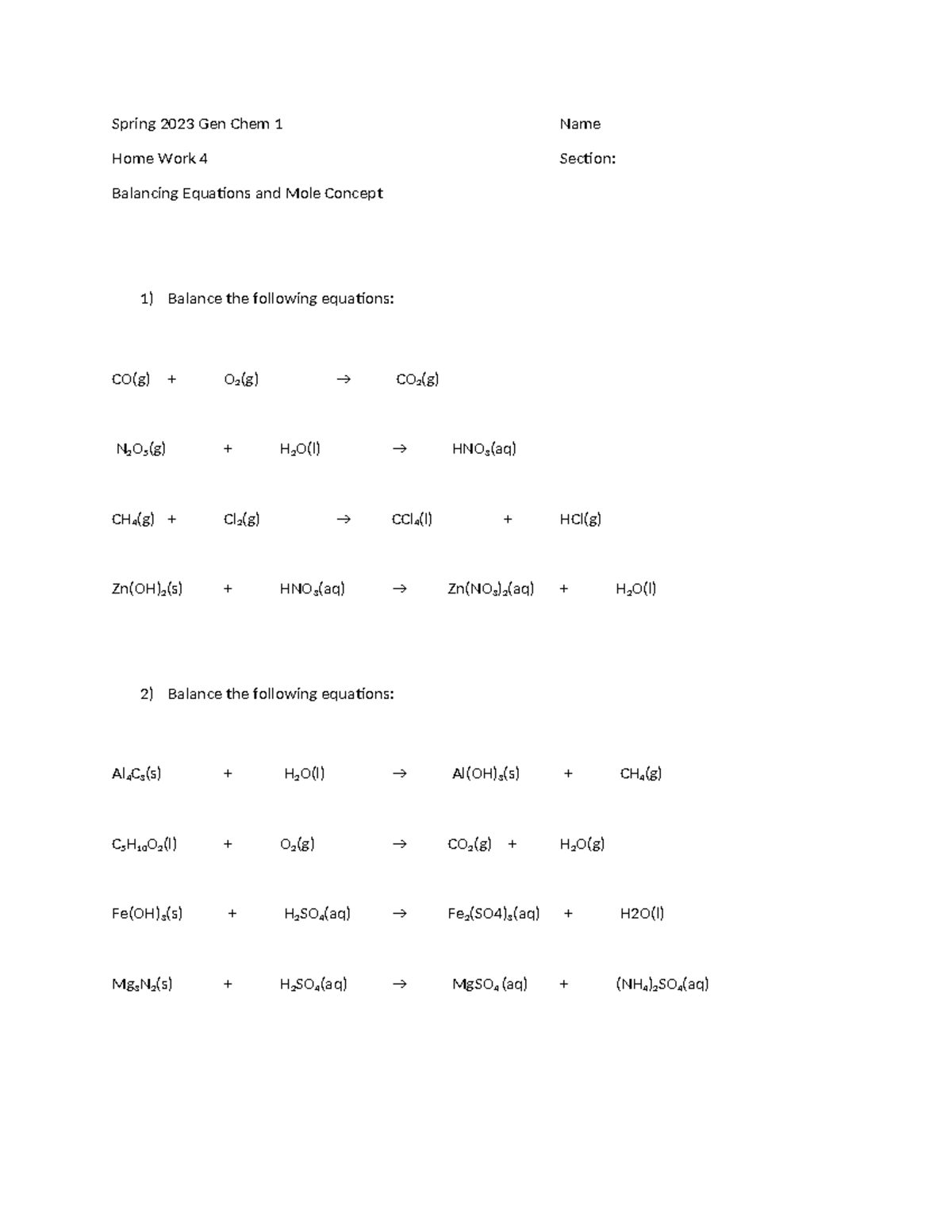 Spring 2023 Gen Chem 1 Home Work 4 Chemical Reaction and Reaction ...