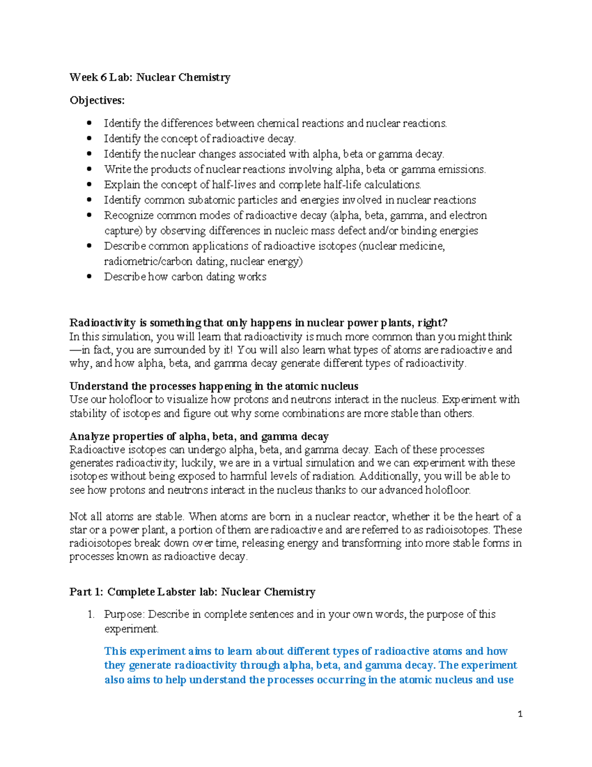 Week 6-Nuclear Chemistry - Week 6 Lab: Nuclear Chemistry Objectives ...