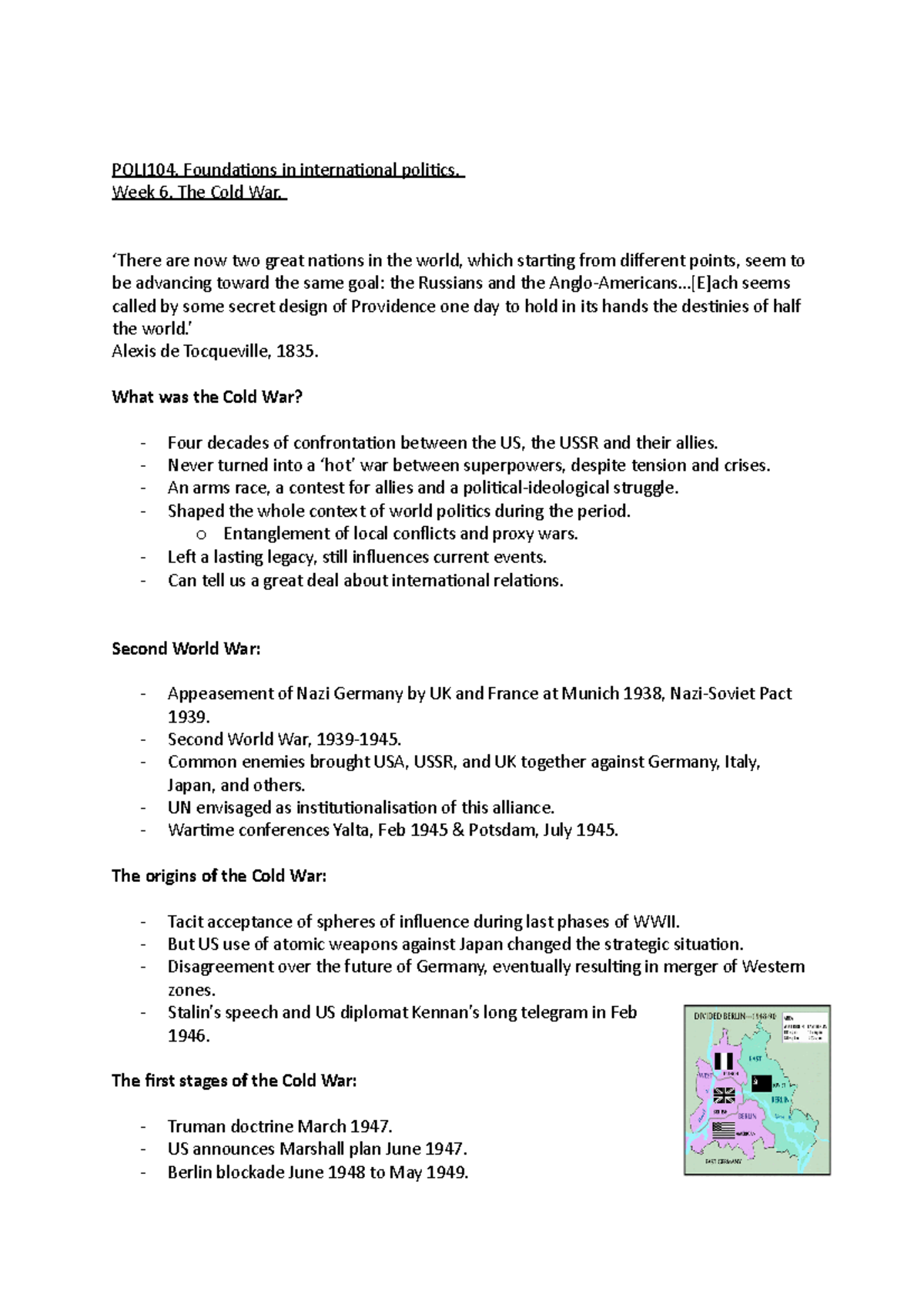 POLI104 w6 cold war - Lecture notes lecture 6 on the cold war - POLI104 ...