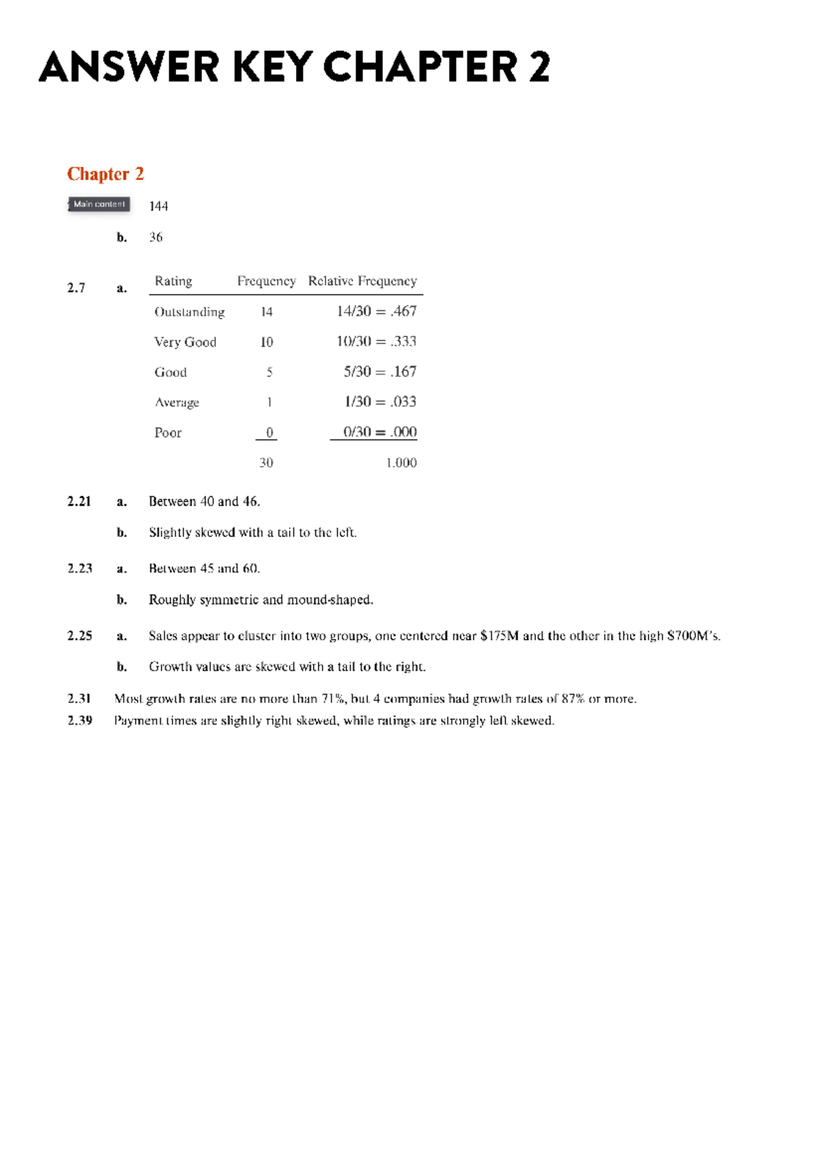 Answer KEY Chapter 2 - ANSWER KEY CHAPTER 2 Chapter 2 Main content 144 b. 36 2 Rating Frequency ...