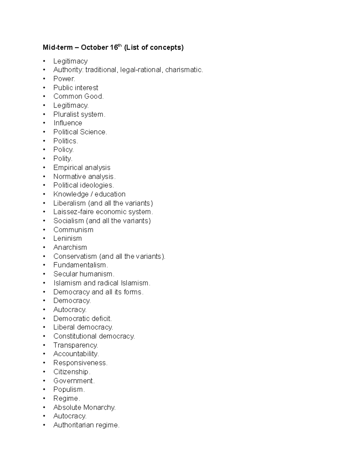 Mid-term key terms - Mid-term – October 16th (List of concepts ...