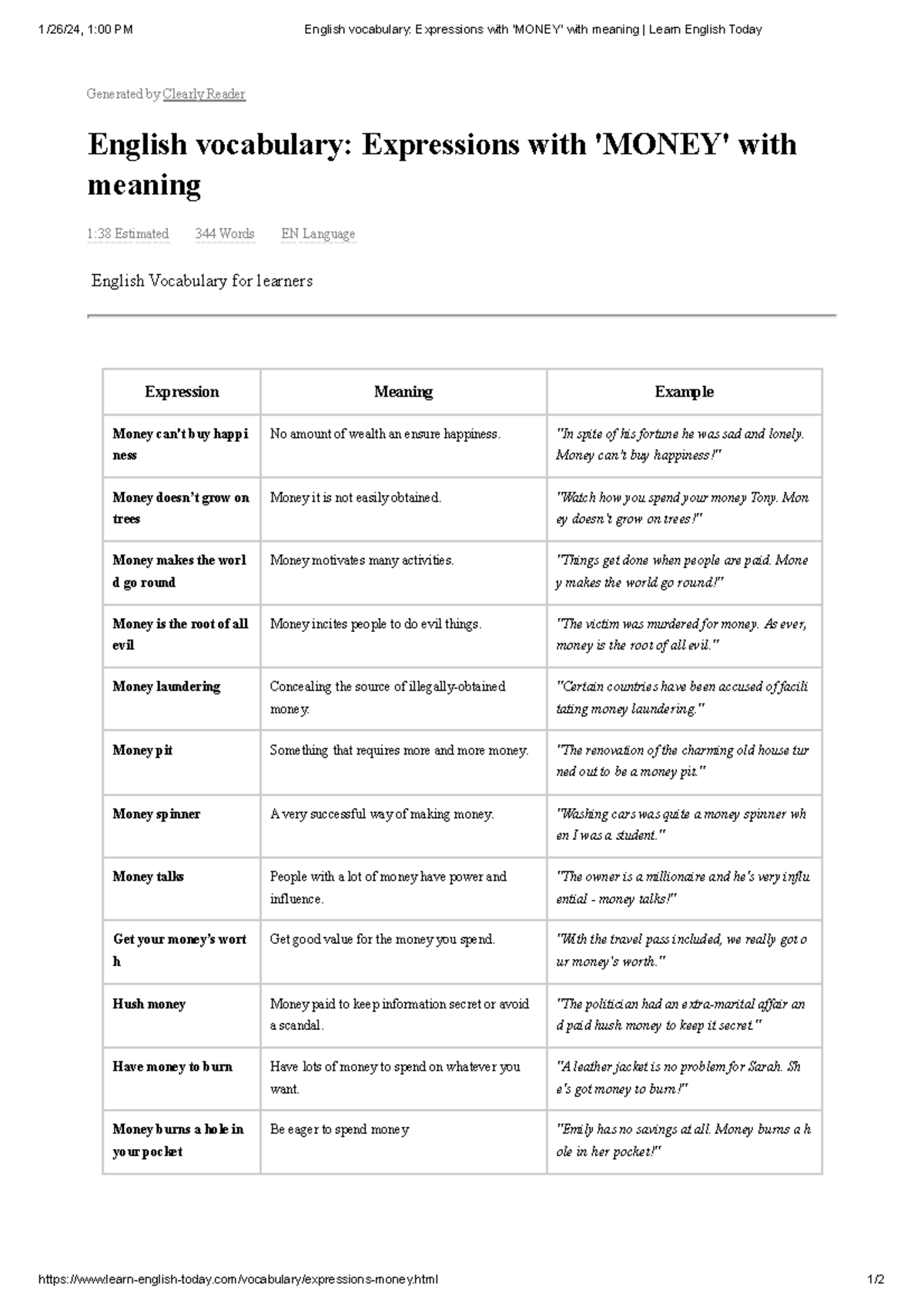 English vocabulary Expressions with ' Money' with meaning Learn English ...