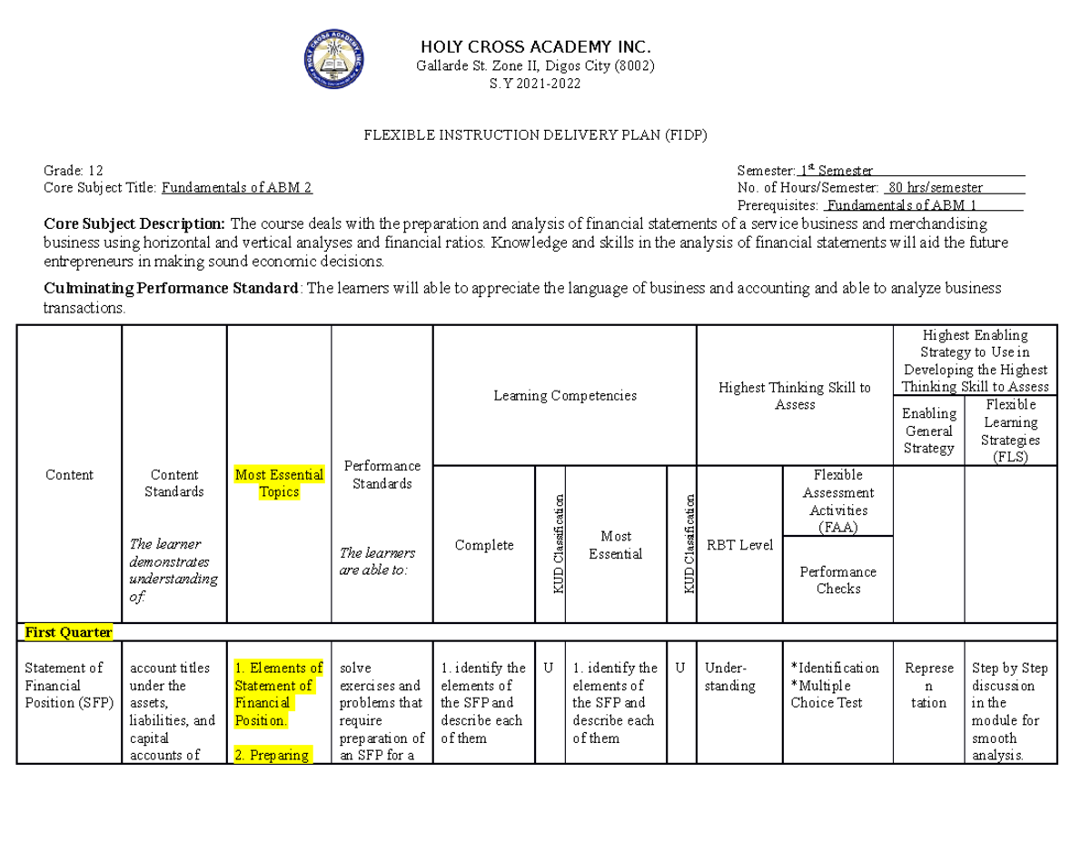 FIDP Fundamentals of ABM 2 Auto Recovered - HOLY CROSS ACADEMY INC. Gallarde St. Zone II, Digos ...