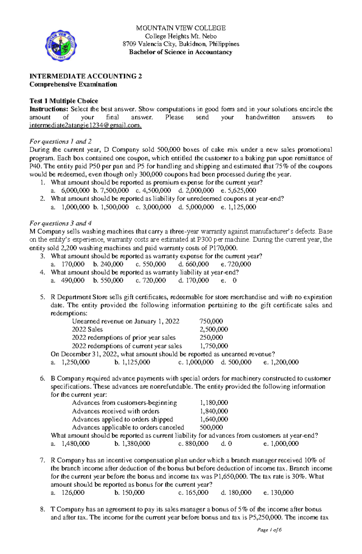 Comprehensive Exam Intermediate Accounting 2 - MOUNTAIN VIEW COLLEGE ...