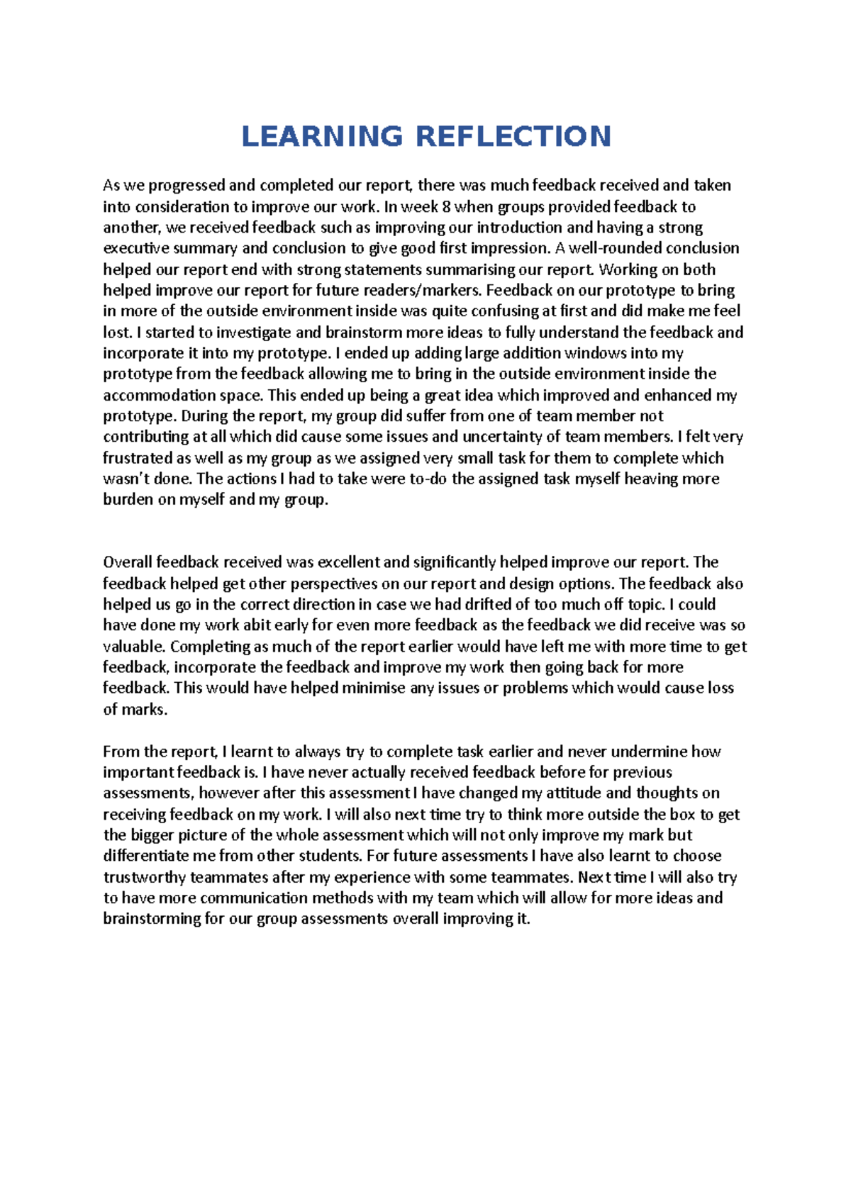 Learning Reflection - LEARNING REFLECTION As we progressed and ...