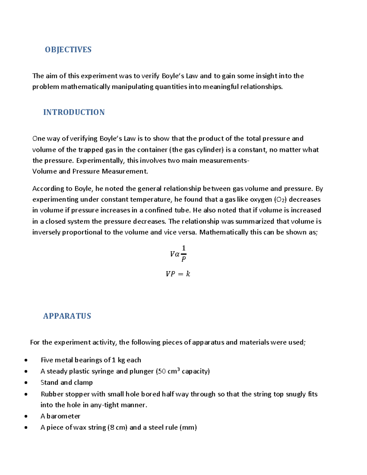 Boyle's Law post exp 2023 - OBJECTIVES The aim of this experiment was ...