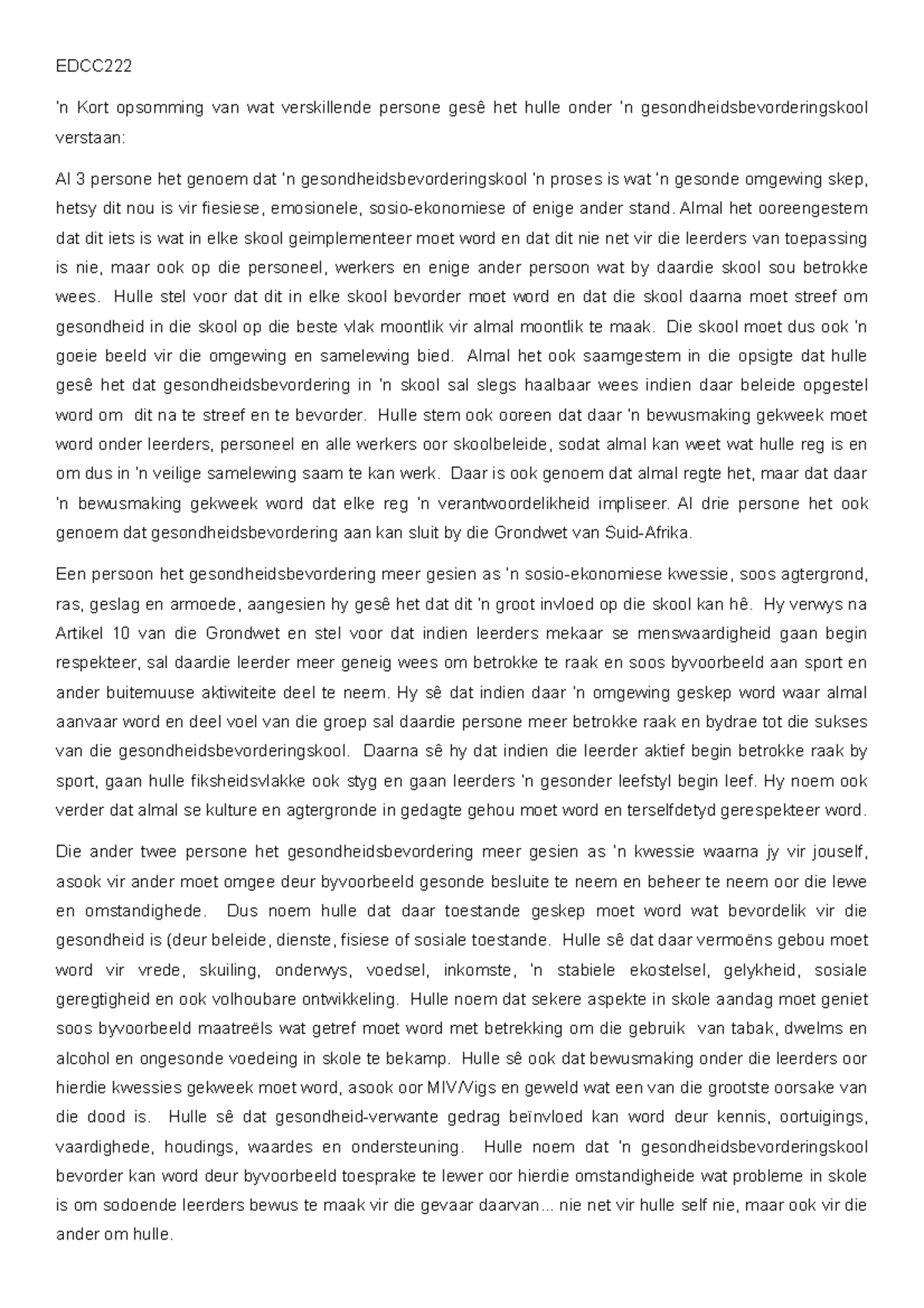 Gesondheidsbevordering opdrag - EDCC222 ‘n Kort opsomming van wat ...