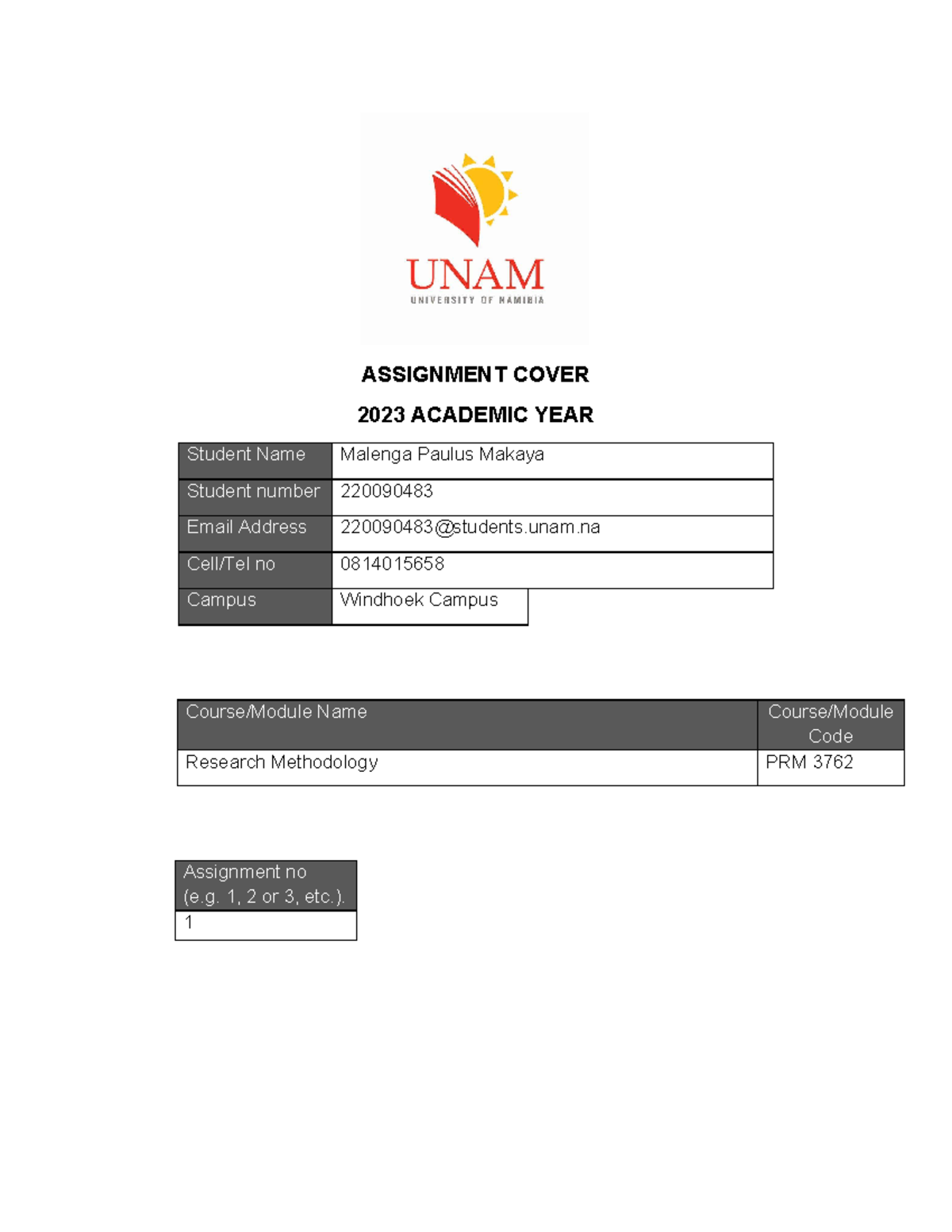 Malenga Research Methodology Assignment 1 - ASSIGNMENT COVER 2023 ...