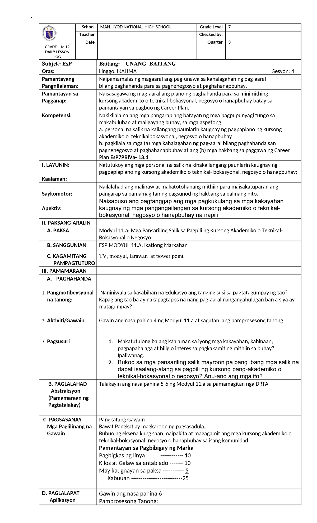 ESP-GR7-Q3-WEEK7 DLP 7 - . GRADE 1 to 12 DAILY LESSON LOG School ...