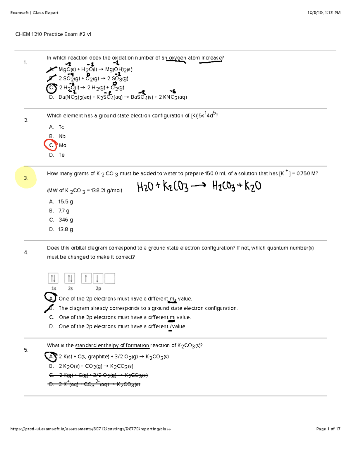 Practice test and answers - CHEM 1210 Practice Exam #2 v In which ...