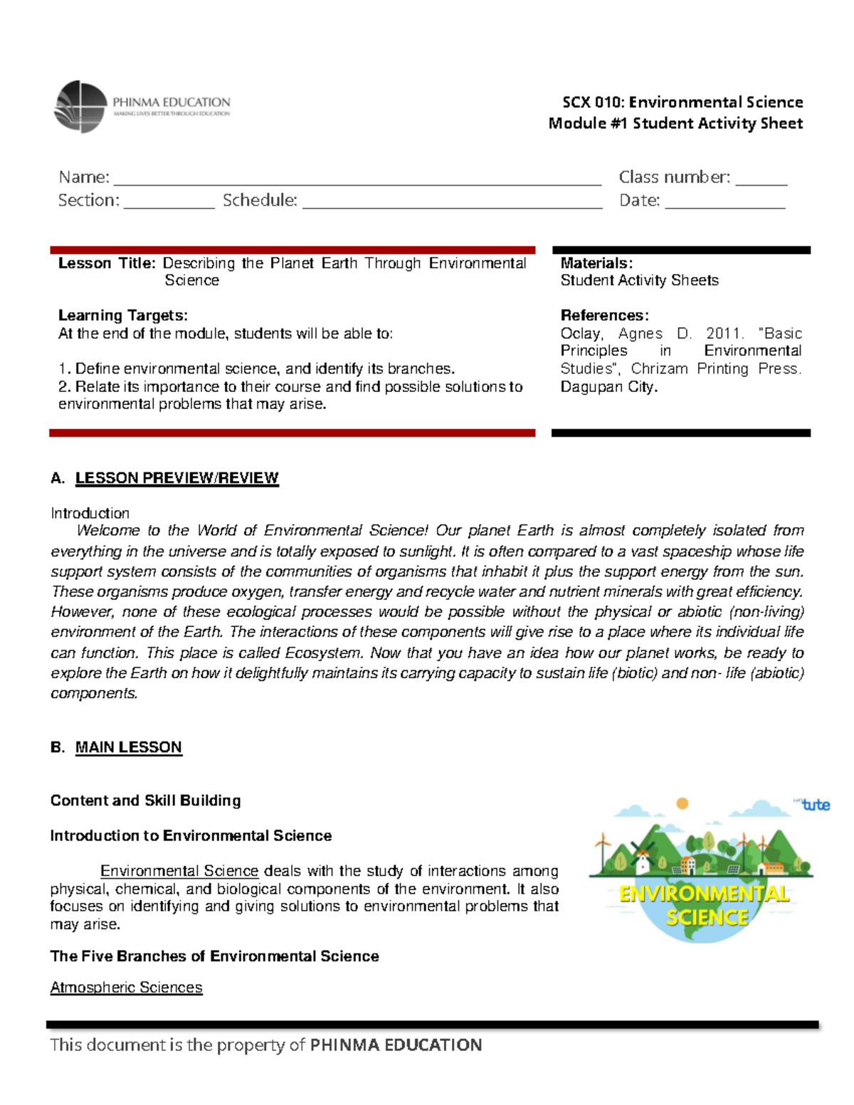 ENVI SCI SAS Day 1 - Module - Module #1 Student Activity Sheet Name ...