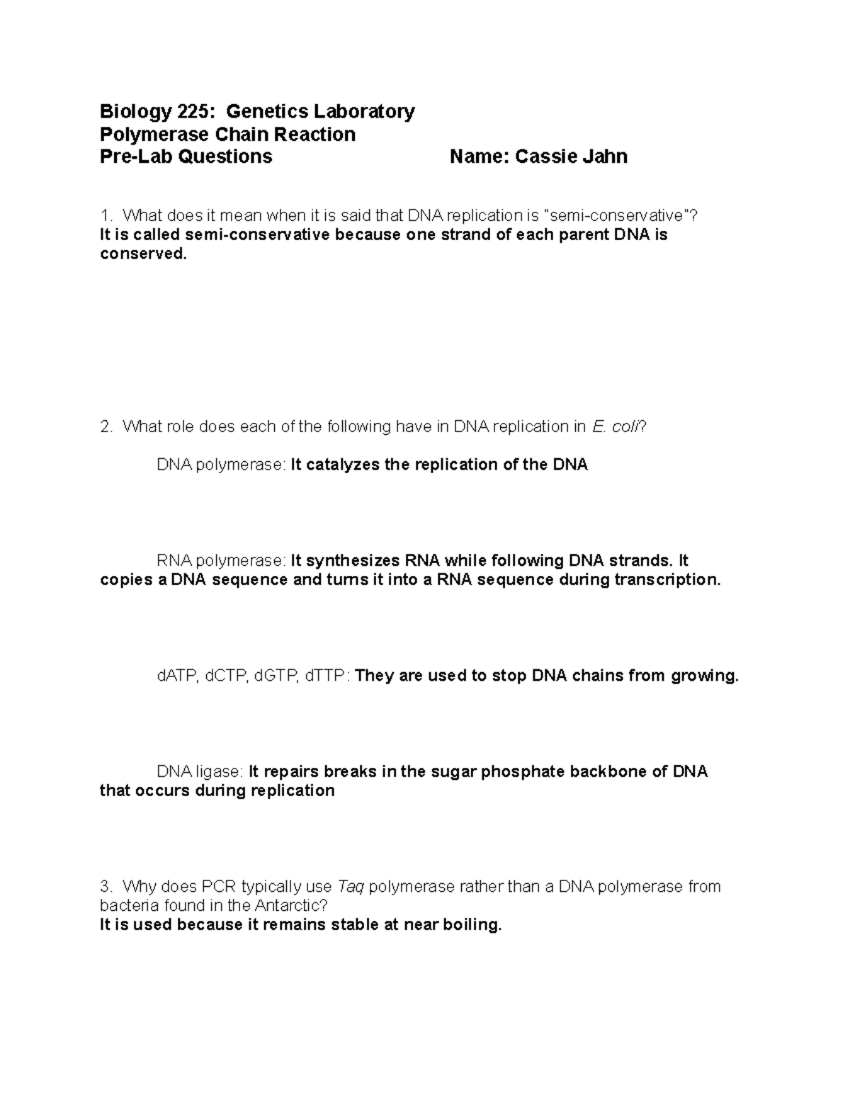 Polymerase Chain Reaction Pre-Lab - Biology 225: Genetics Laboratory ...