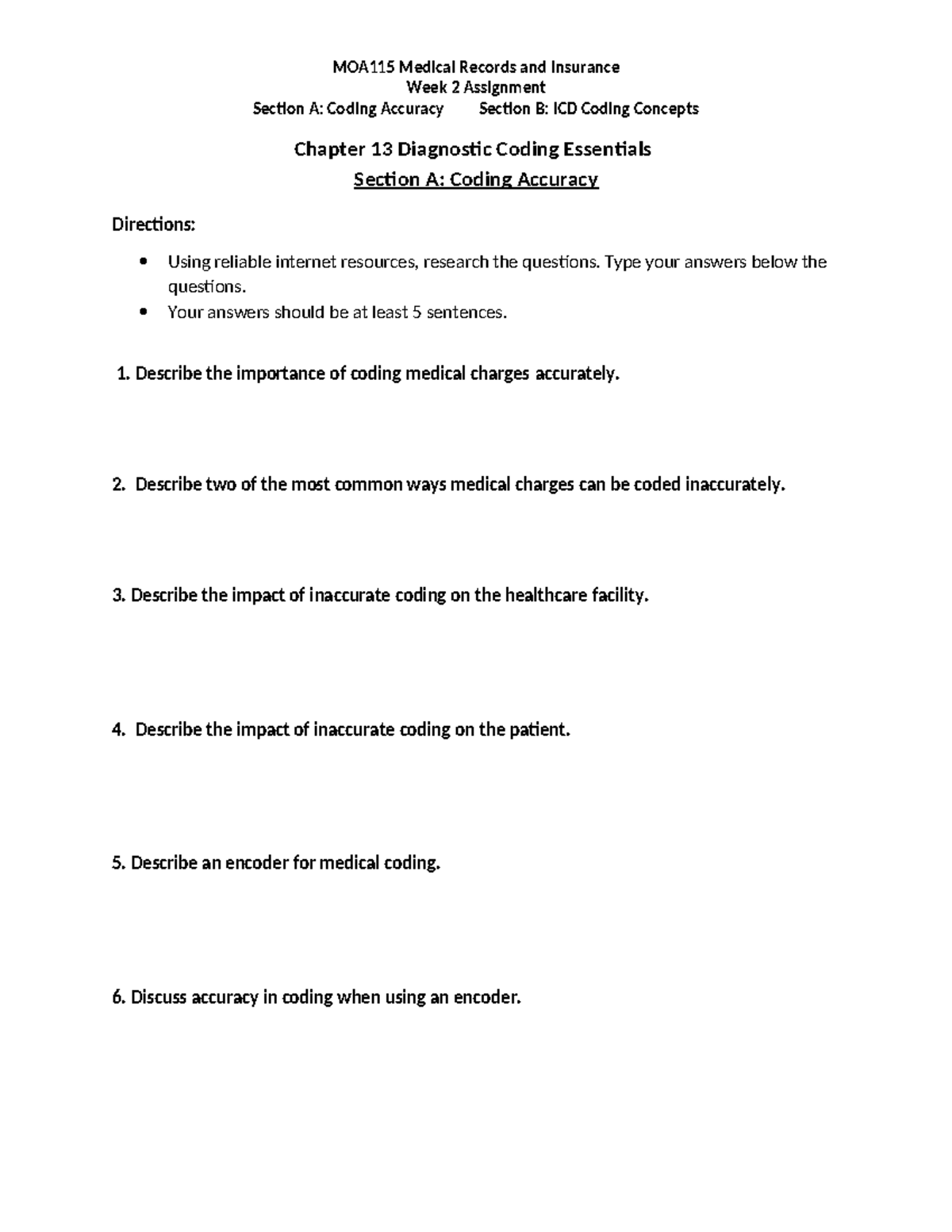 Week 2 Assignment Worksheet 15e - MOA115 Medical Records and Insurance Week 2 Assignment Section ...