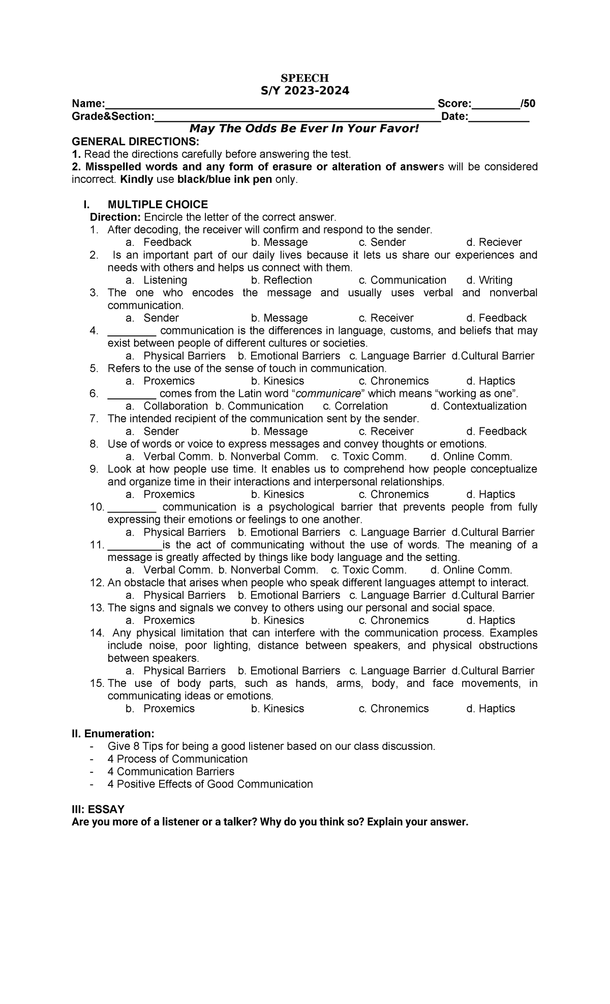 Speech Exam - SPEECH S/Y 2023- Name