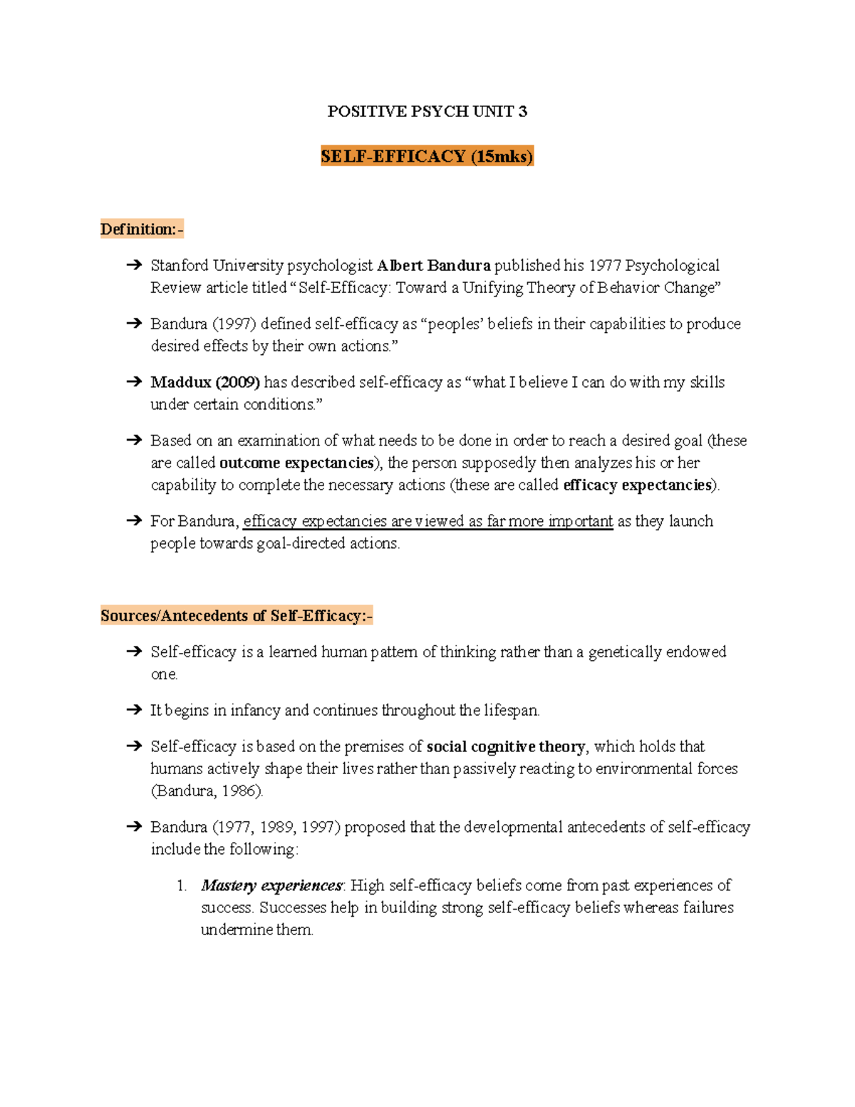 Positive Psych Notes - POSITIVE PSYCH UNIT 3 SELF-EFFICACY (15mks ...