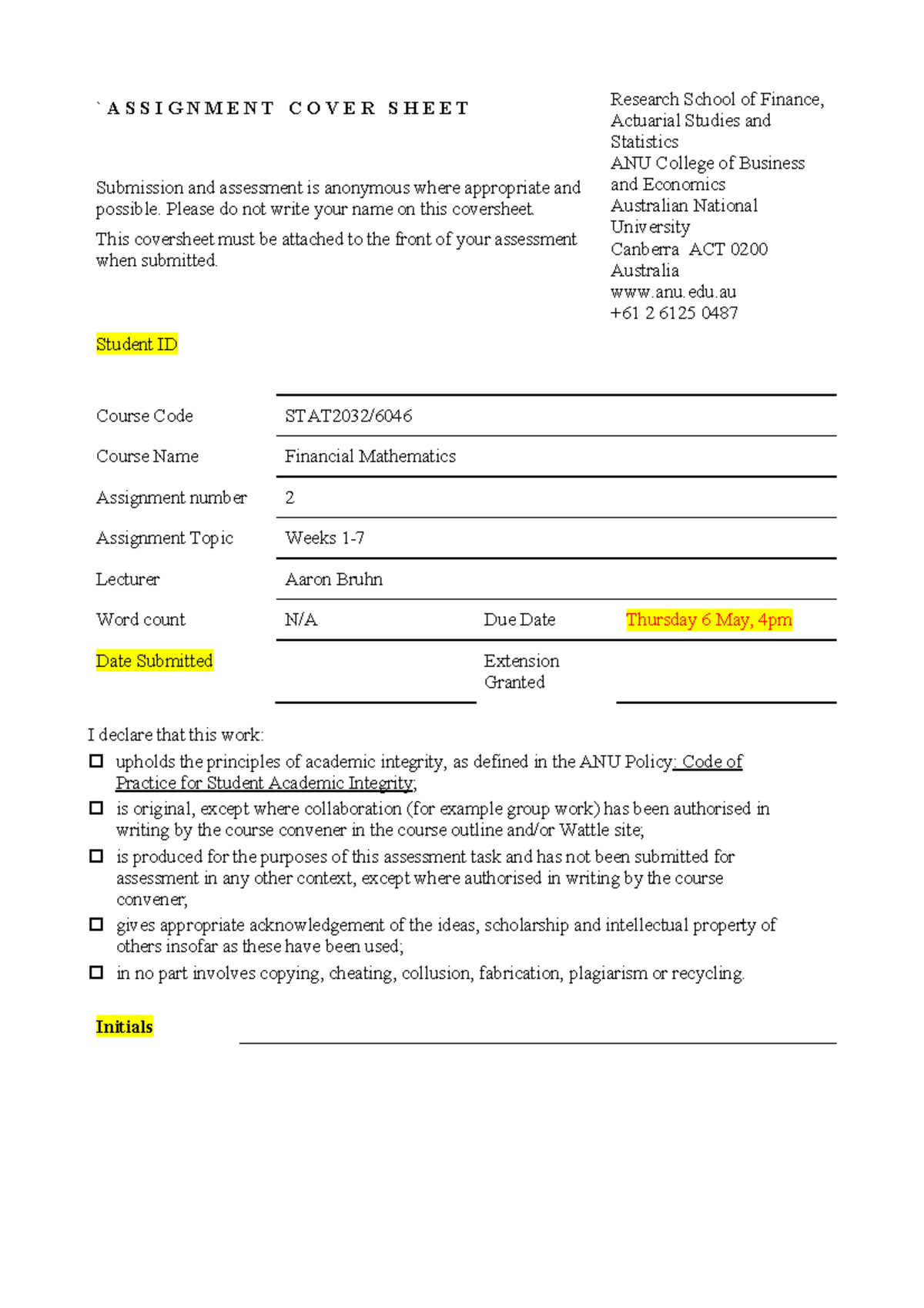 Financial Mathematics Assignment 2 2021 - `ASSIGNMENT COVER SHEET ...