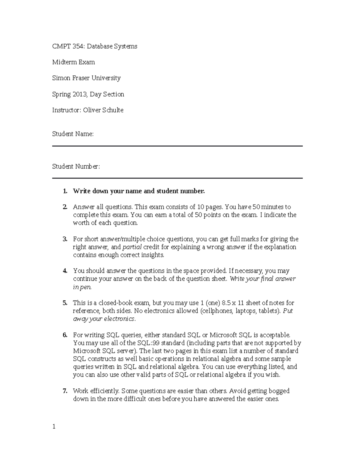 Midterm 2-key - CMPT 354: Database Systems Midterm Exam Simon Fraser University Spring 2013, Day ...