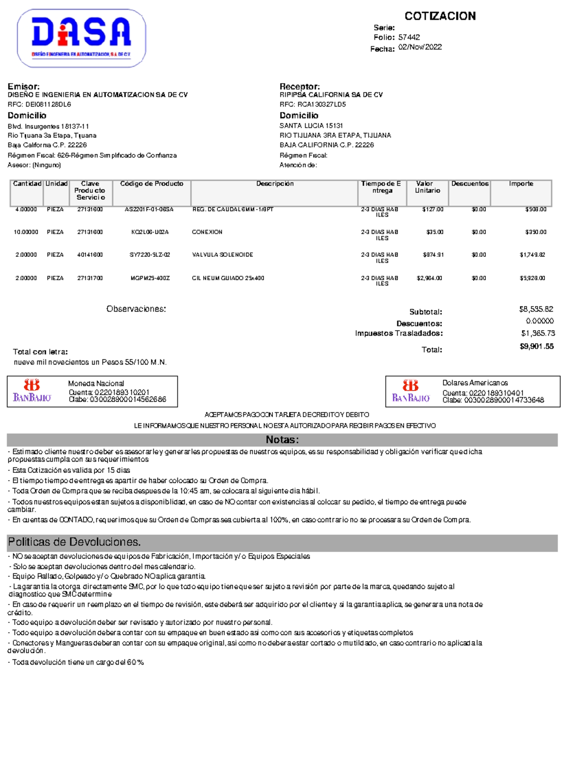 57442 - FSGD - COTIZACION Serie: Folio: 57442 Fecha: 02/Nov/ Receptor ...