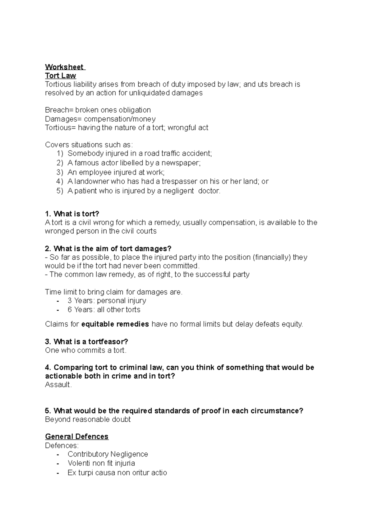Seminar 6 sheet - Worksheet Tort Law Tortious liability arises from ...