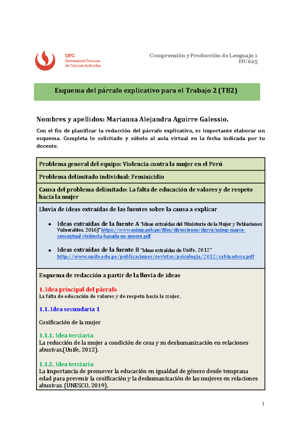 TB2- CPL 1: FEMINICIDIO - 1 Comprensión y Producción de Lenguaje 1 HU Esquema del párrafo - Studocu