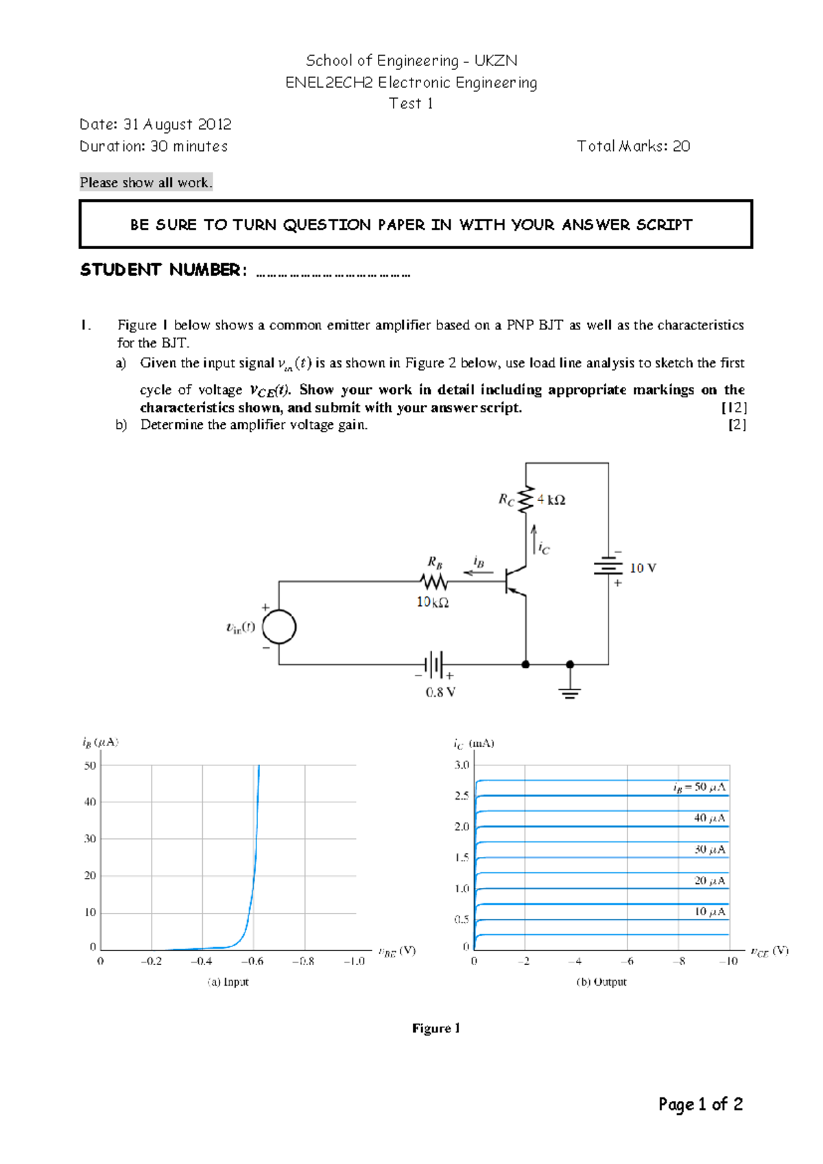 Test 1 2012 - Test1 - School of Engineering - UKZN ENEL2ECH2 Electronic ...