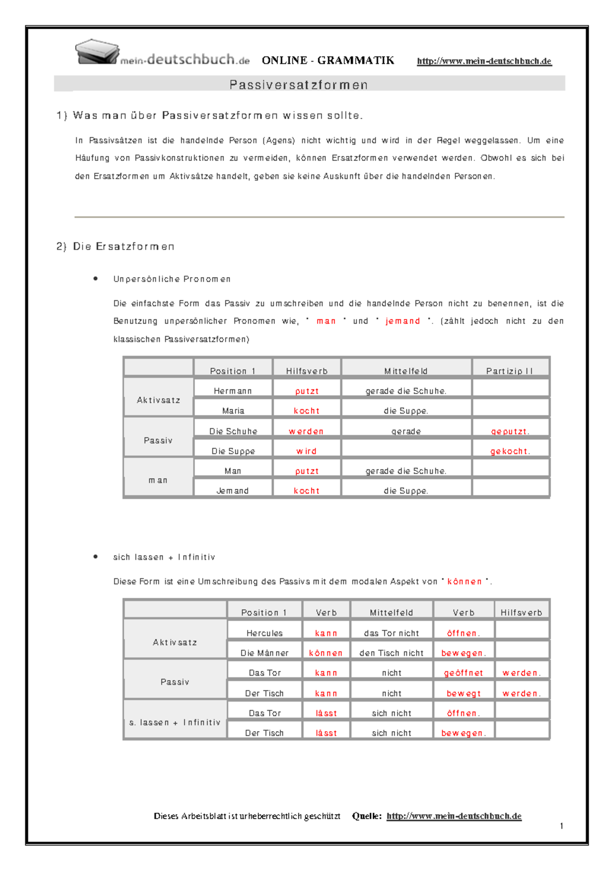 Passiversatz - ONLINE - GRAMMATIK mein-deutschbuch Dieses Arbeitsblatt ...