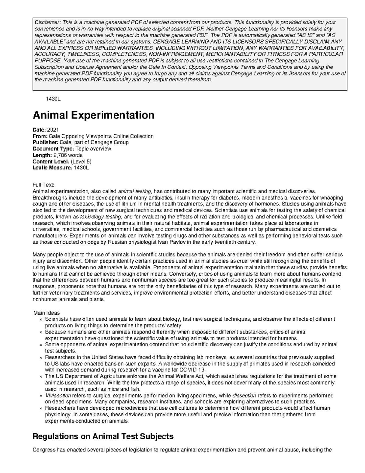 Animal Experimentation - Disclaimer: This is a machine generated PDF of ...