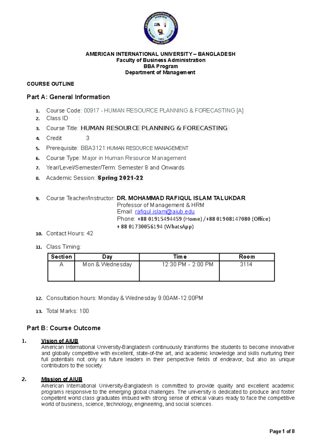 Spring 21-22-HRPF - Course Outline-DR. Talukdar - Human Resource ...