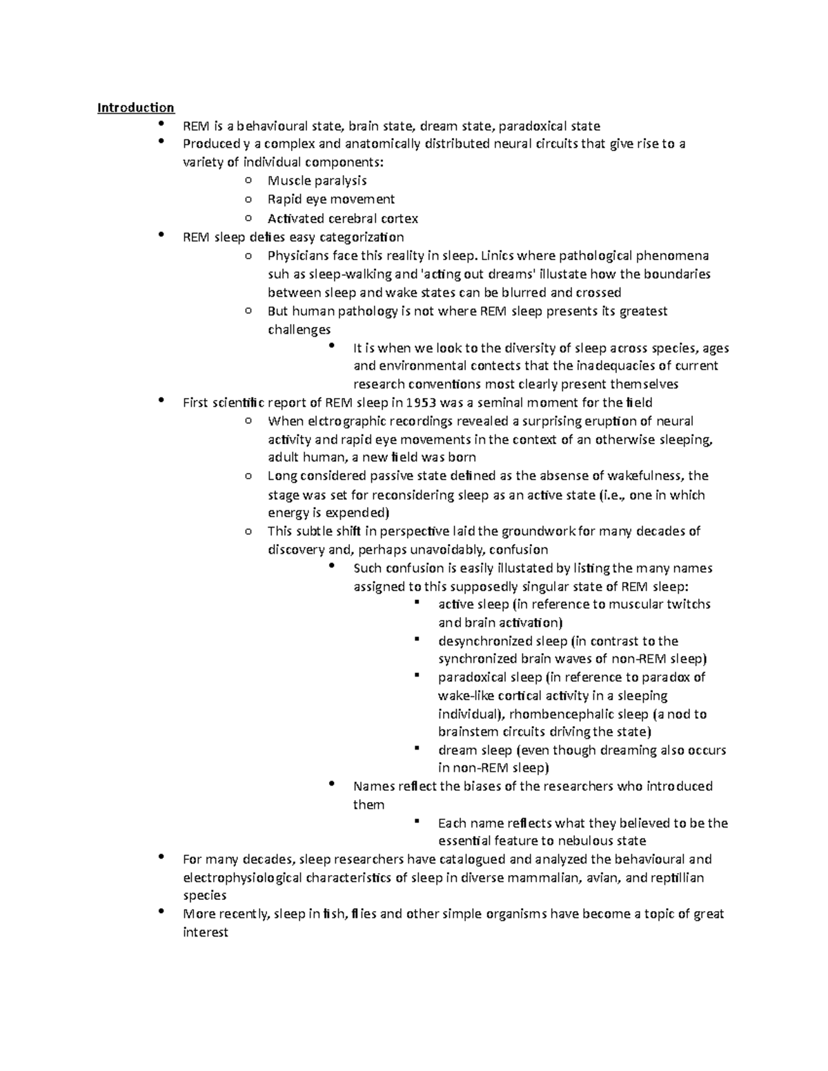 Week 4 - REM sleep reading - Introduction REM is a behavioural state ...