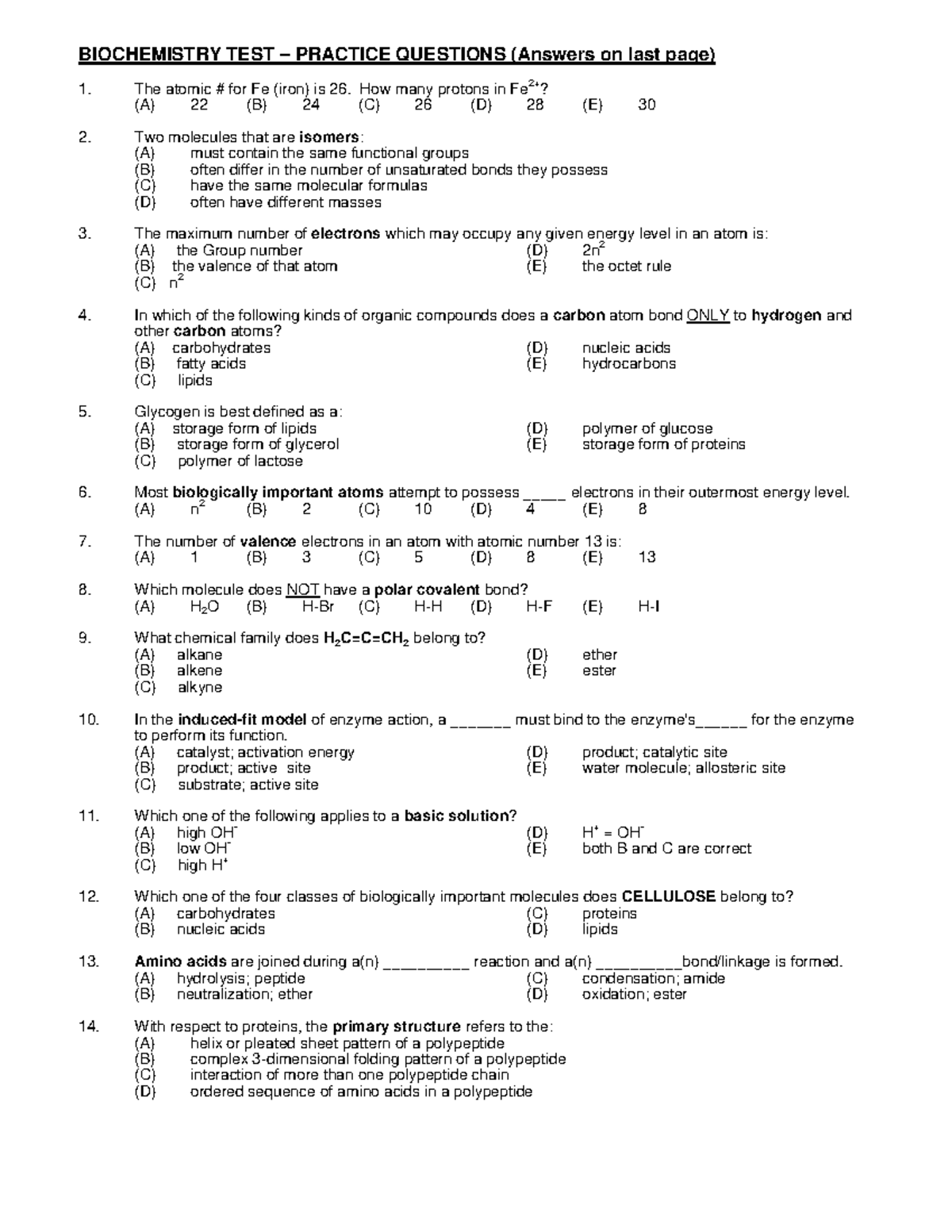 Practice questions test1 - BIOCHEMISTRY TEST – PRACTICE QUESTIONS ...