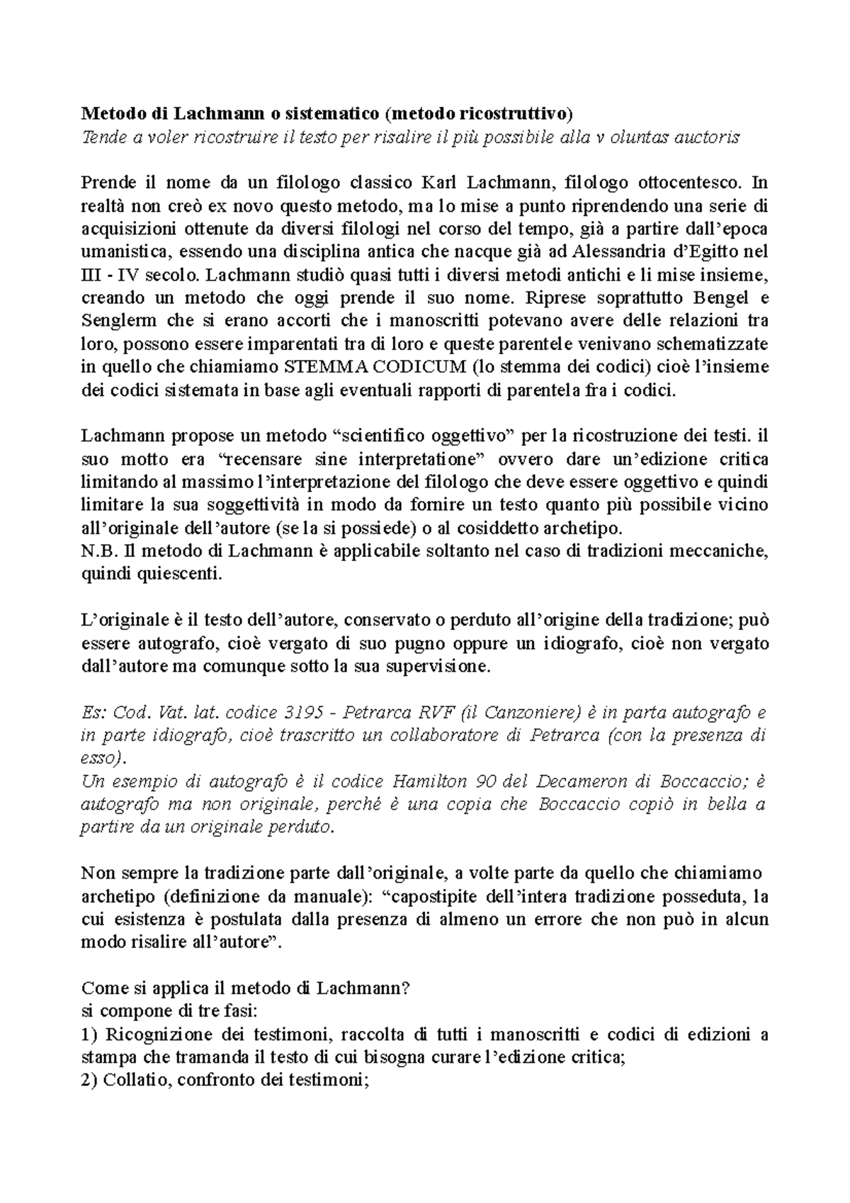 Lachmann - RIASSUNTO - Metodo di Lachmann o sistematico (metodo ...