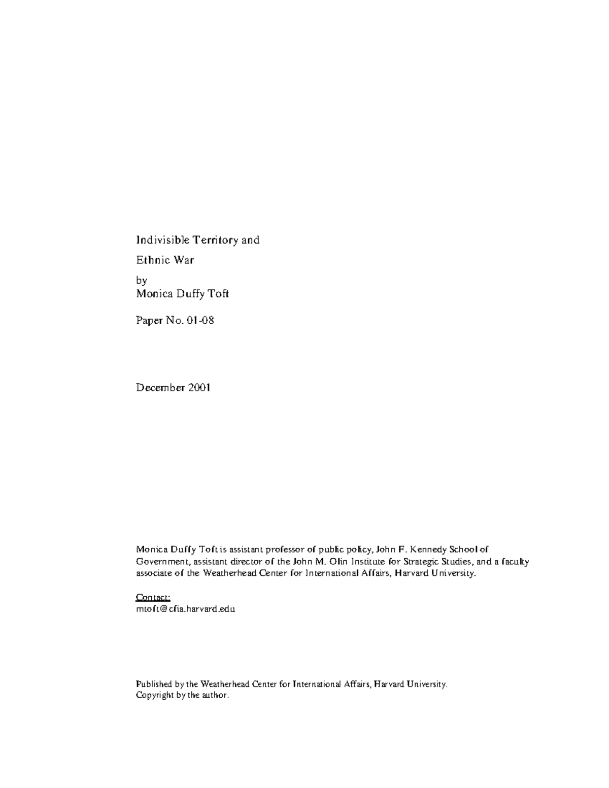 Ethic war research - Indivisible Territory and E thnic War by Monica ...