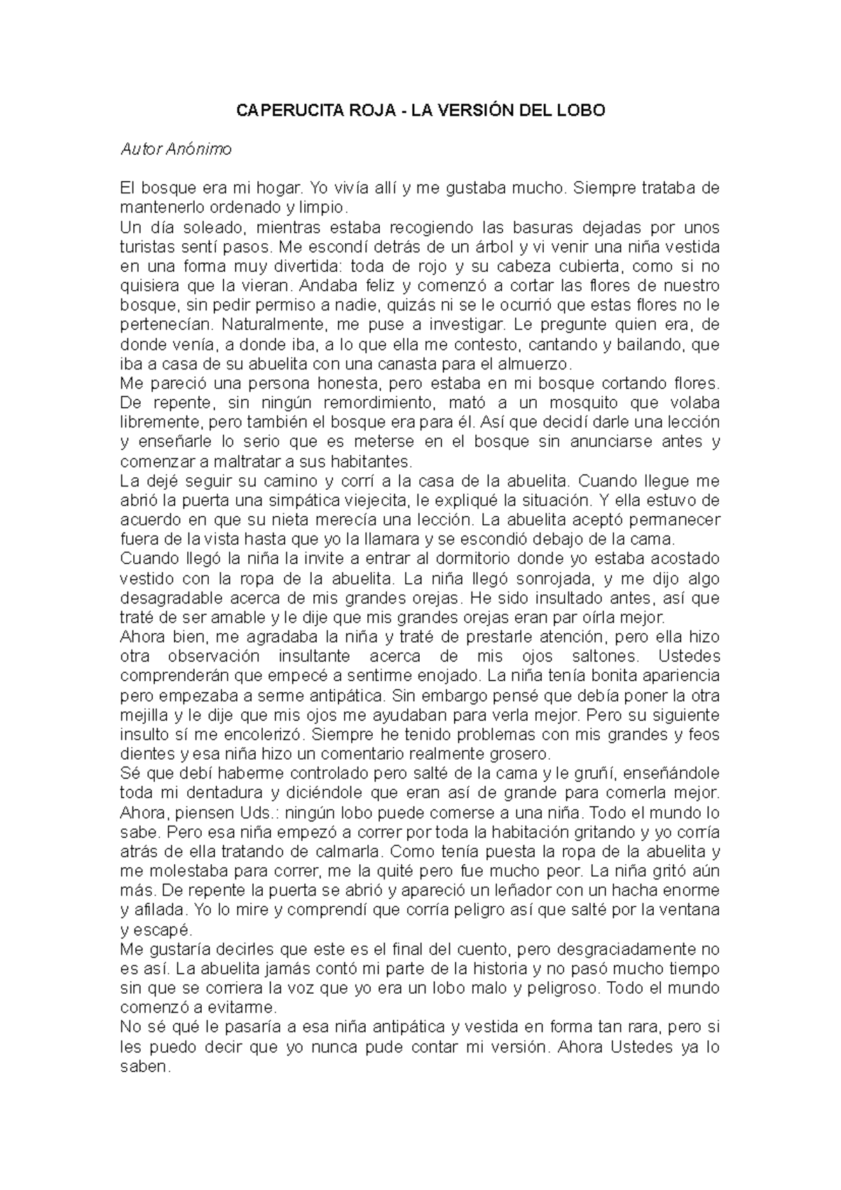 Caperucita ROJA Versión LOBO - CAPERUCITA ROJA - LA VERSIÓN DEL LOBO ...