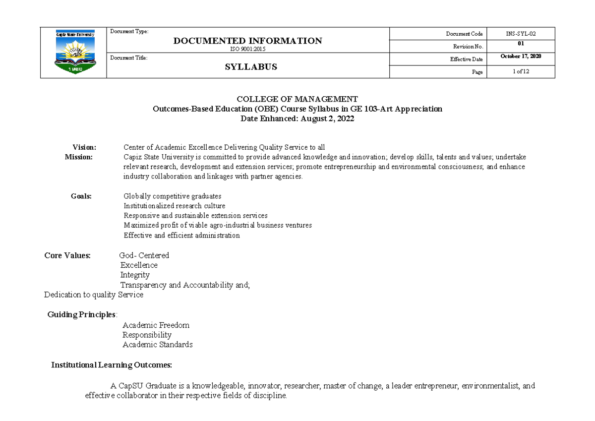 ART Appreciation Syllabus BSA Final Print - COLLEGE OF MANAGEMENT ...