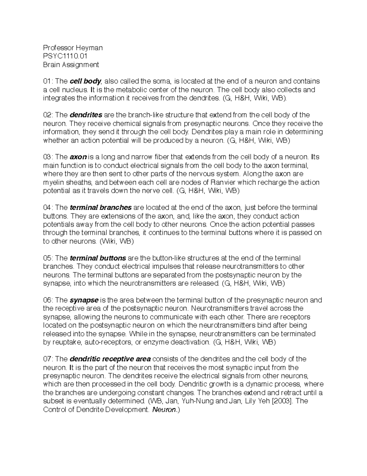 Brain Assignment - Professor Heyman PSYC1110. Brain Assignment 01: The ...