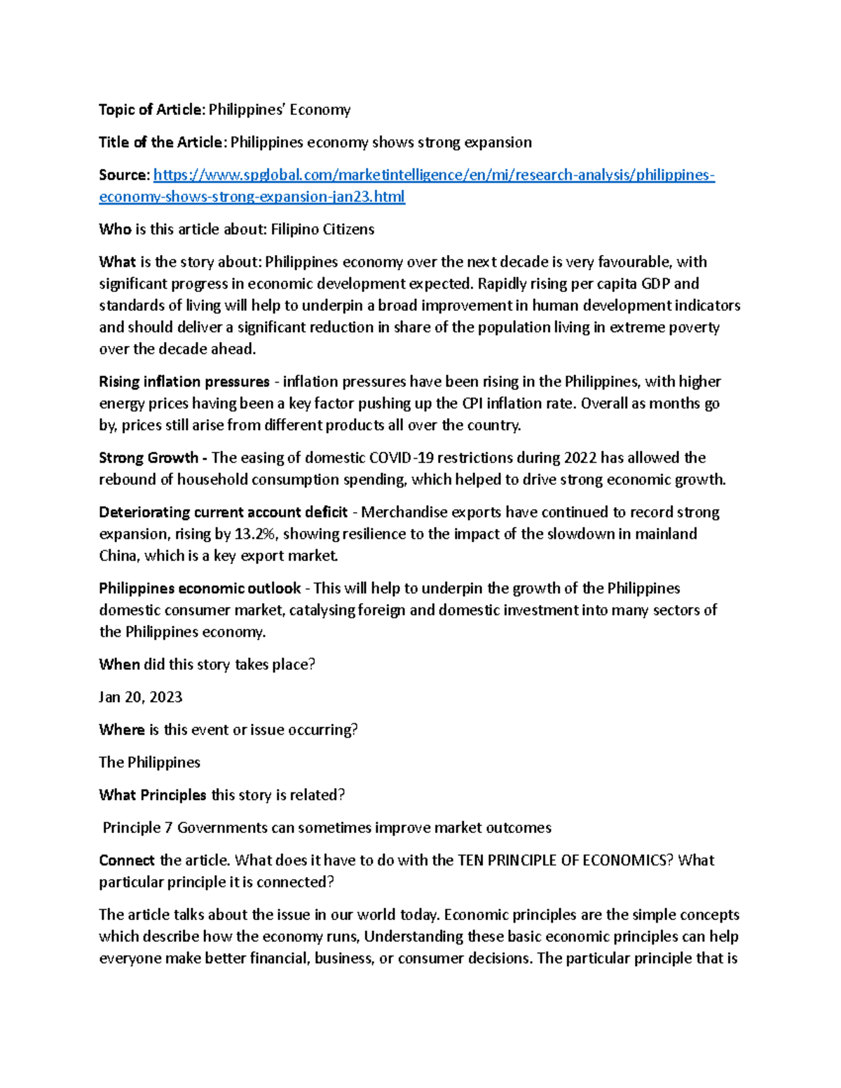 Thinking Like an Economist - Topic of Article: Philippines’ Economy ...