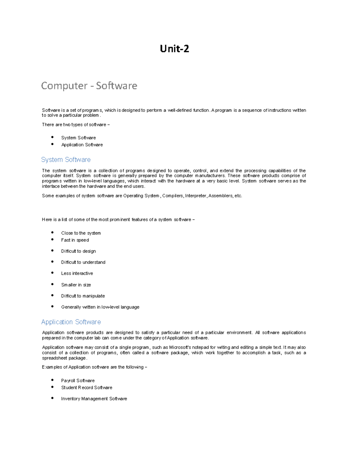 Fciit unit 2 - Unit- Computer - Software Software is a set of programs, which is designed to ...
