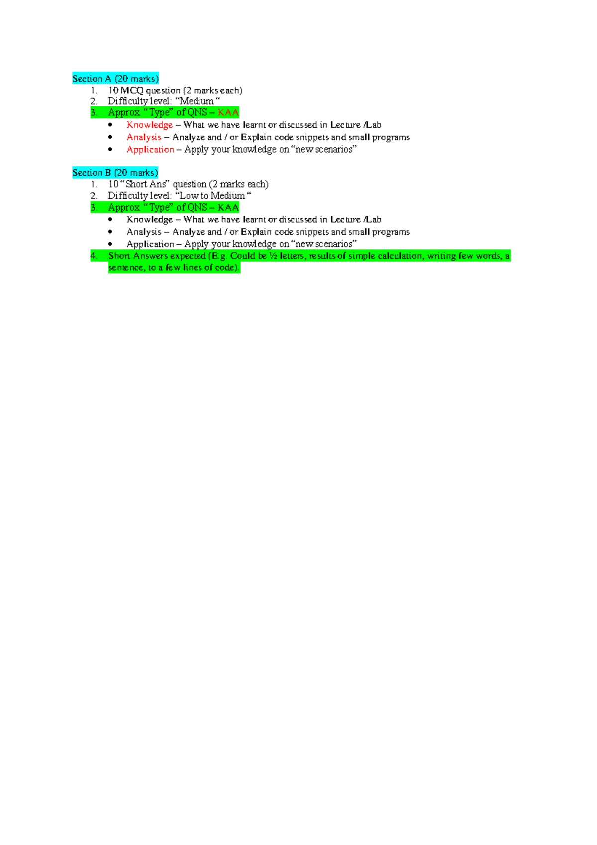 Exam tips - notes - Section A (20 marks) 1. 10 MCQ question (2 marks ...