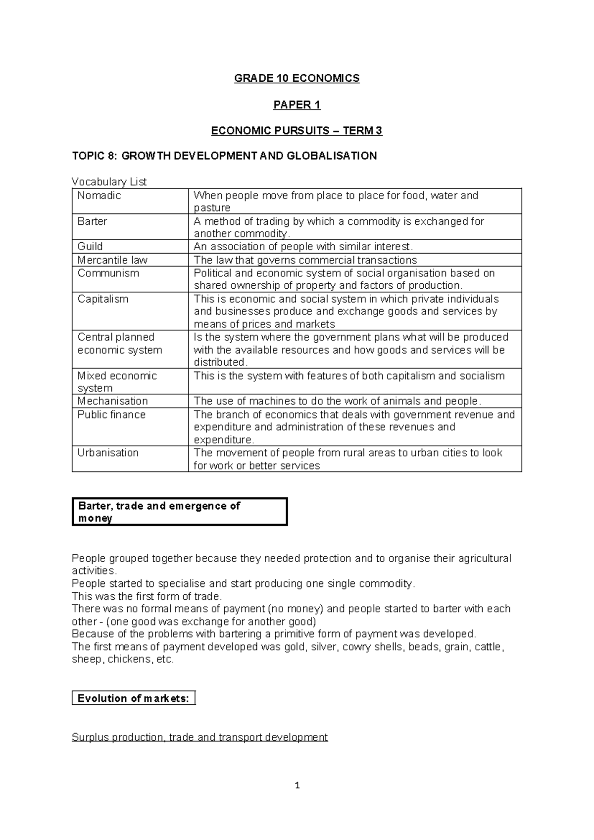 Development and globalisation notes - GRADE 10 ECONOMICS PAPER 1 ...