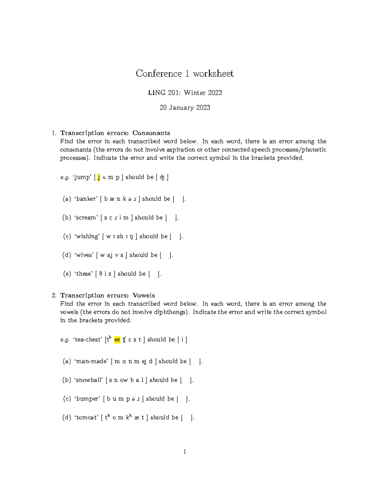 Conference 1 - Jan 20th - Conference 1 worksheet LING 201: Winter 2023 ...
