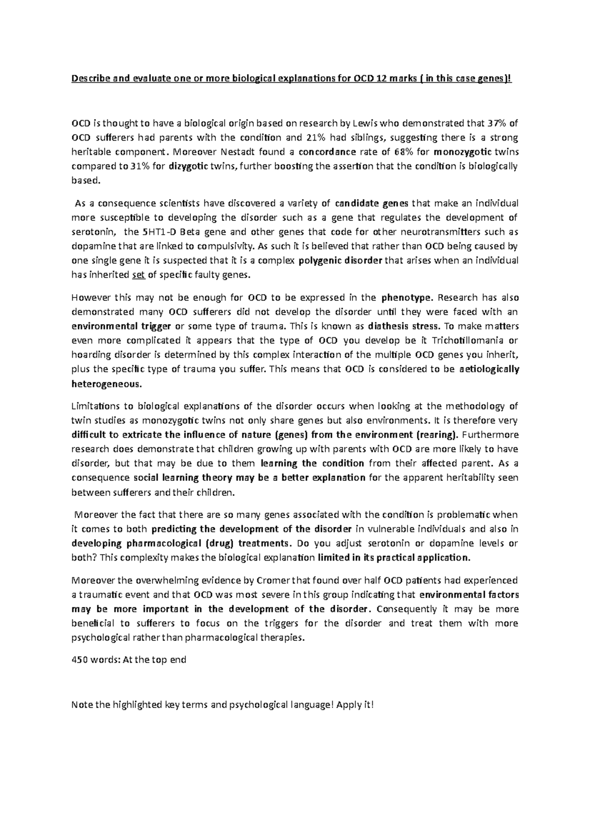 OCD Biological Explanation Essay Example - Describe and evaluate one or ...