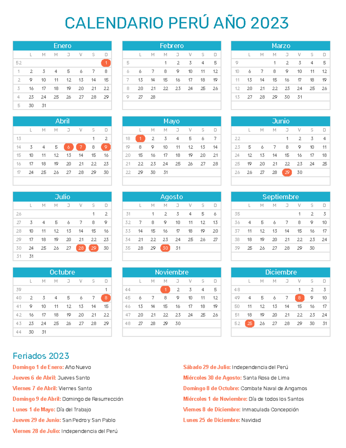 Calendario-Peru-2023 - CALENDARIO PERÚ AÑO 2023 Feriados 2023 Domingo 1 ...