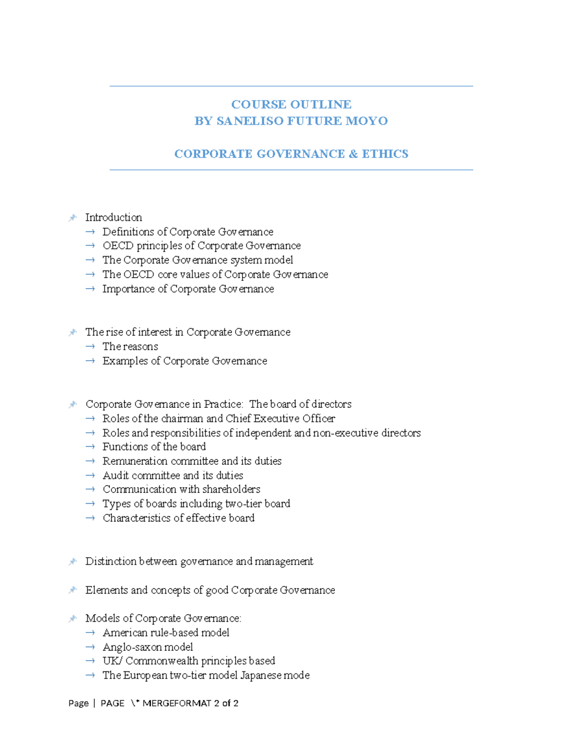 Course Outline - Corporate Governance - COURSE OUTLINE BY SANELISO ...