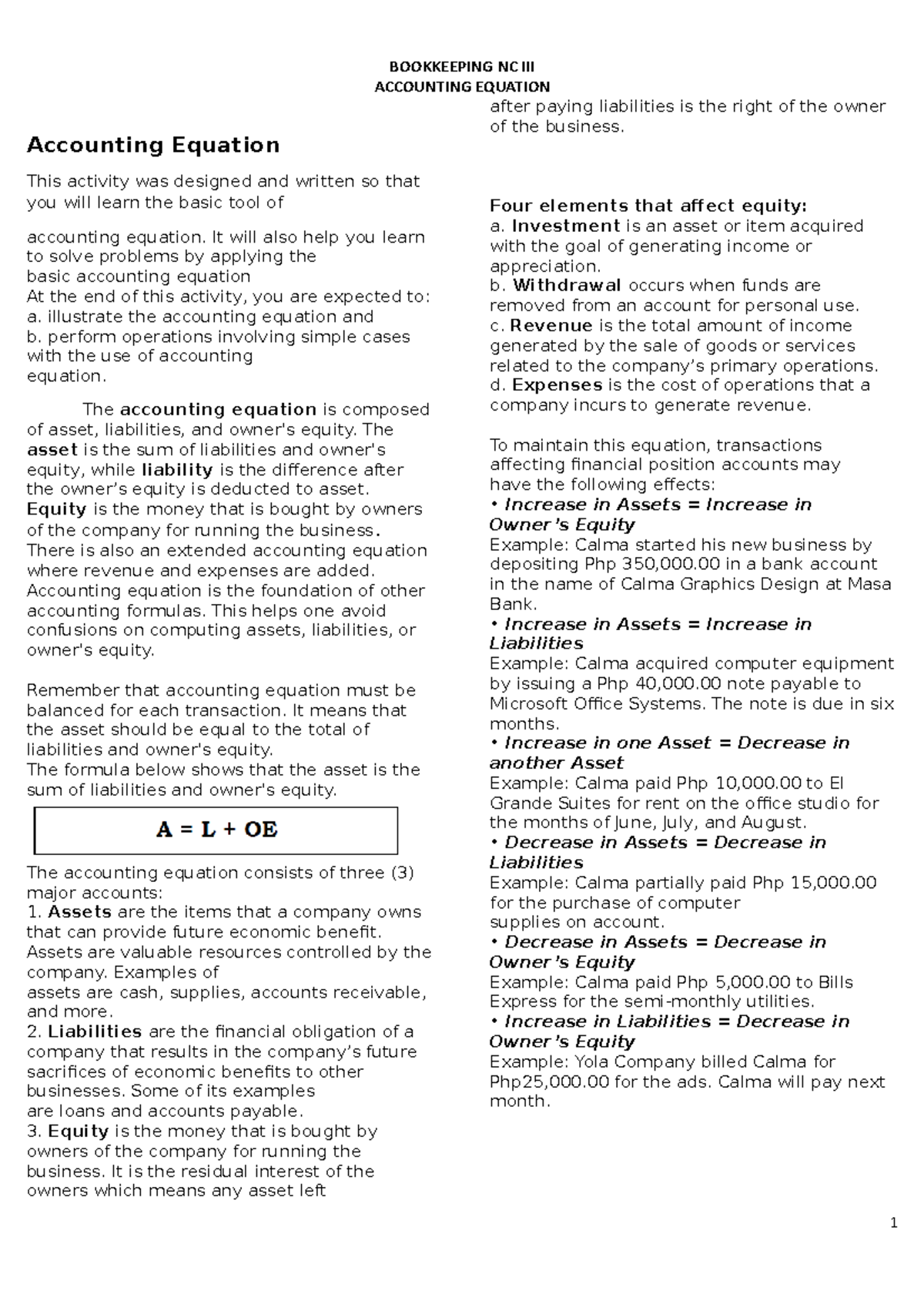 1 - MORE RESOURCES - ACCOUNTING EQUATION Accounting Equation This ...