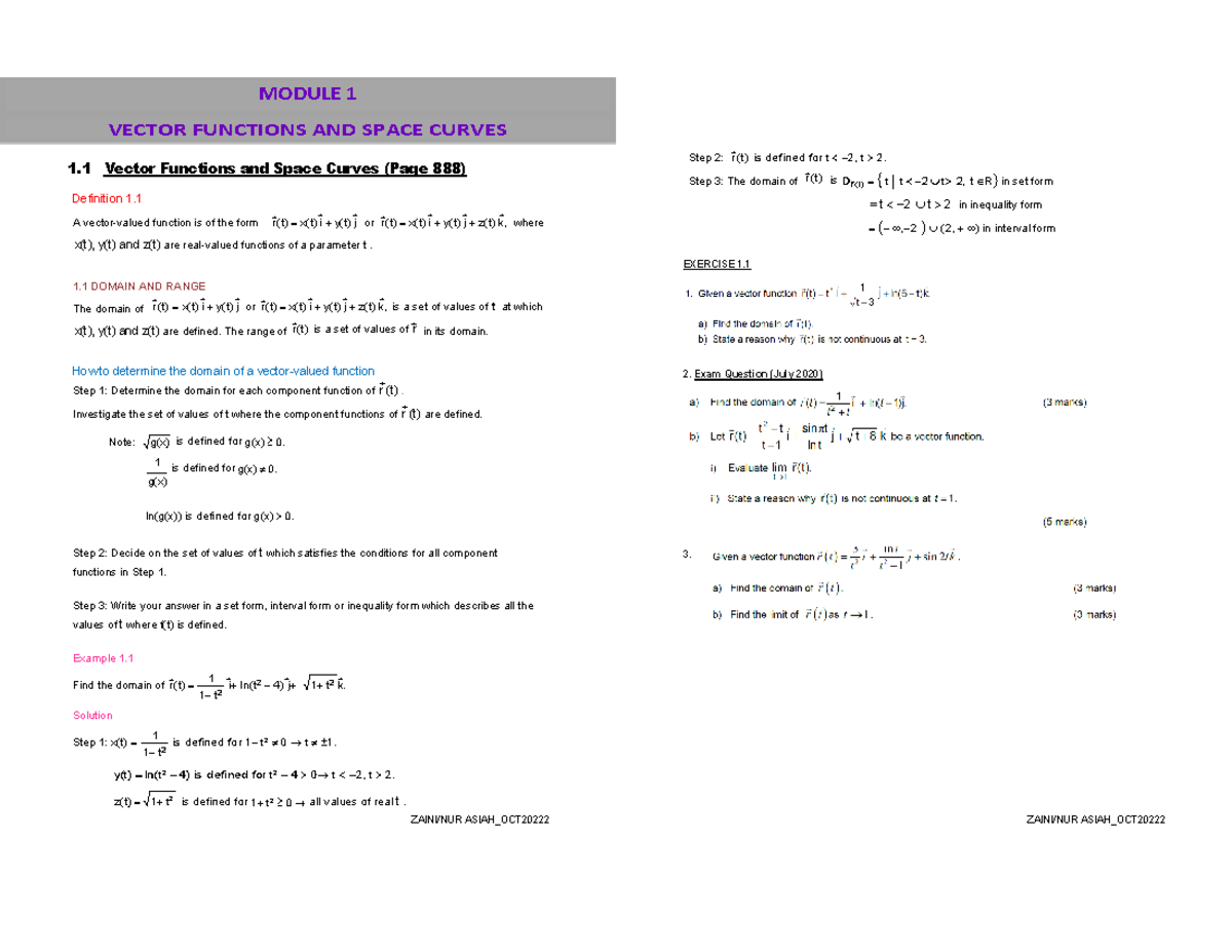 Mat560 chapter 1 - ZAINI/NUR ASIAH_OCT 1 + t 2 MODULE 1 VECTOR FUNCTIONS AND SPACE CURVES 1 ...