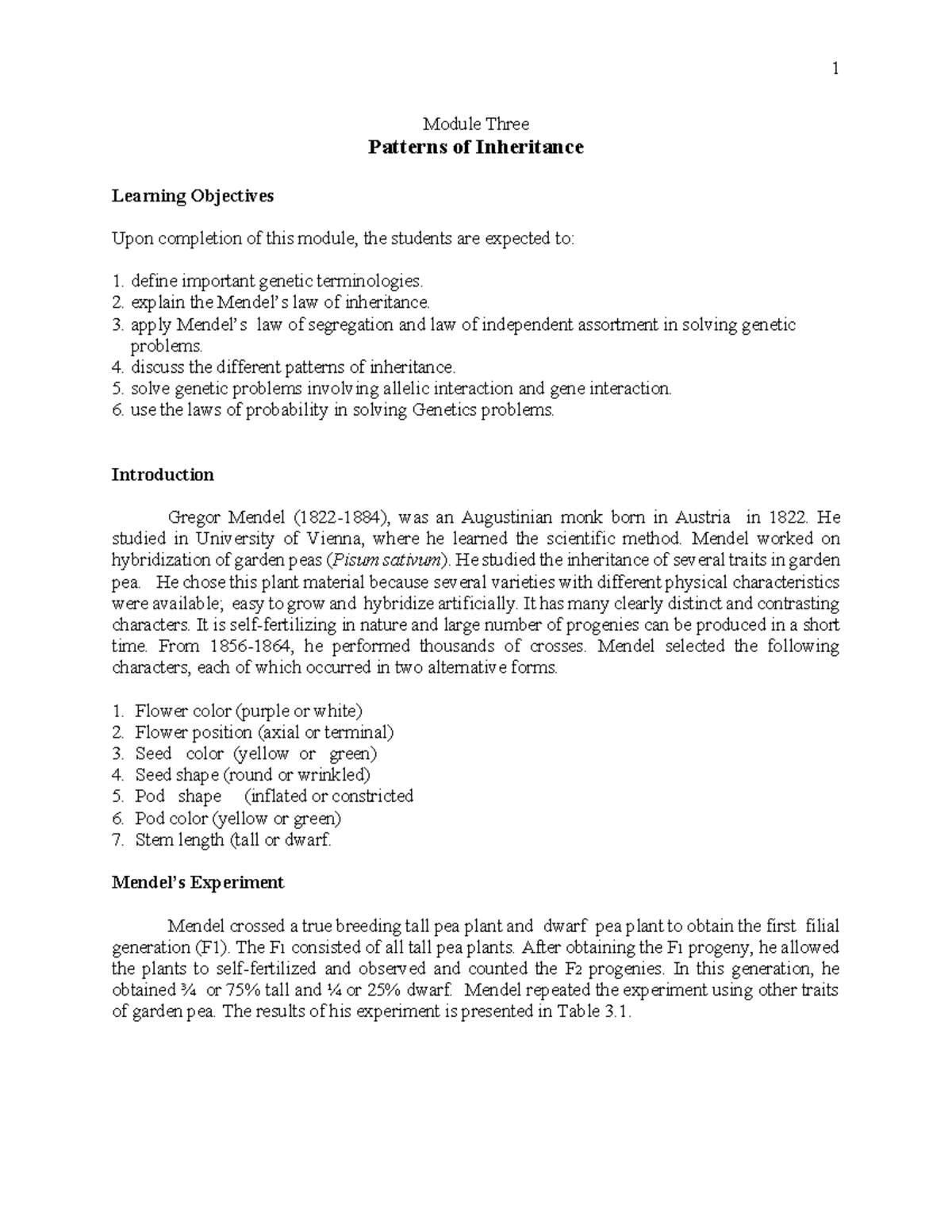 Module-3 - Lecture - Module Three Patterns of Inheritance Learning Objectives Upon completion of ...